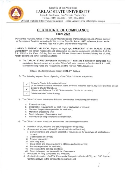 Certificate of Compliance 2024 - Tarlac State University